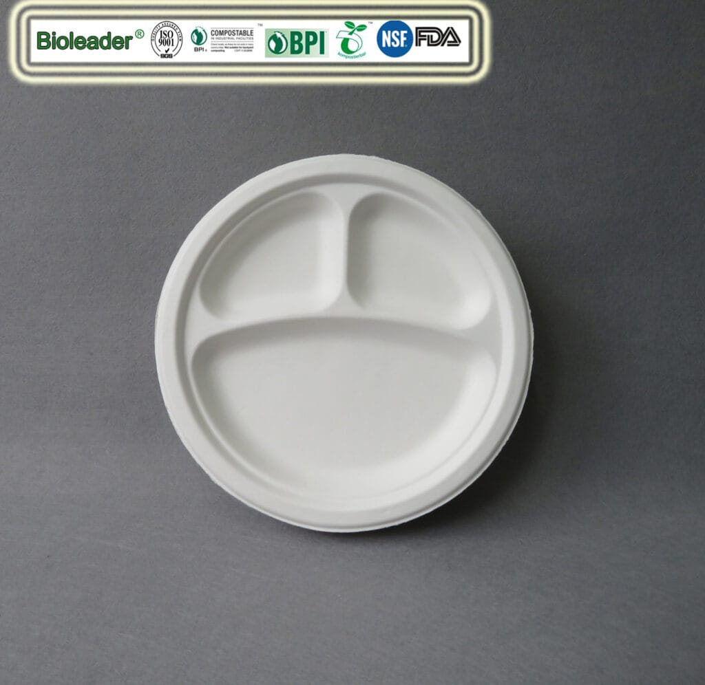3 Compartment Disposable Plates Paper 9 Inch | Bioleader® Biodegradable ...